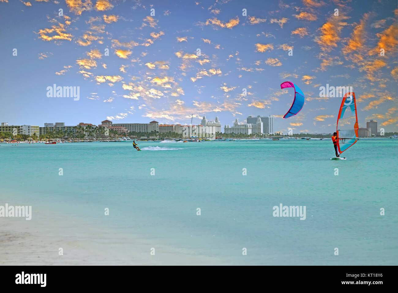 View on Palm Beach at Aruba island in the Caribbean Sea at sunset Stock ...
