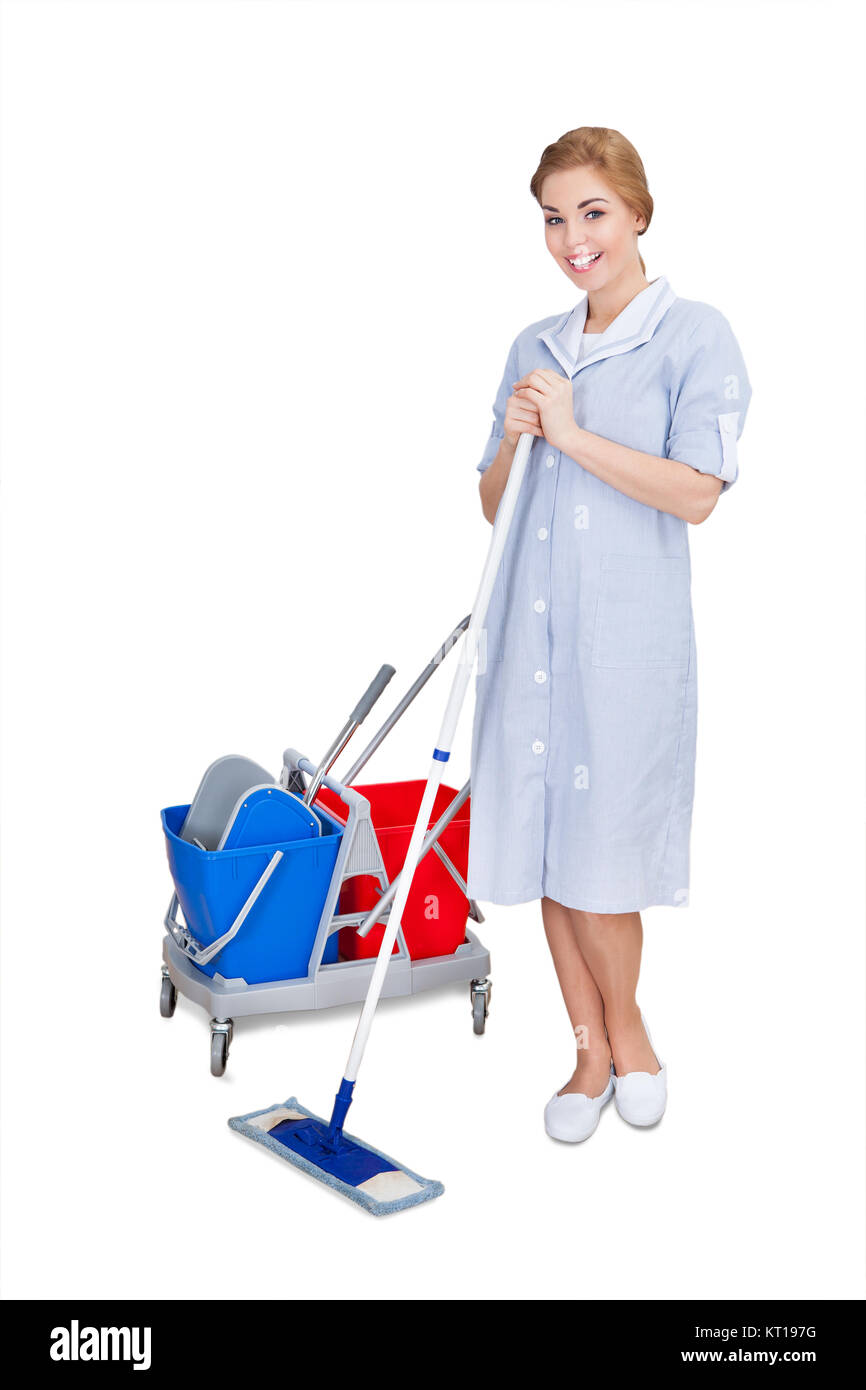 Female Janitor Cleaning Floor Using Mop Stock Photo - Alamy