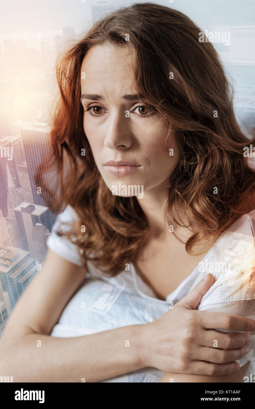 Portrait of worried female that thinking about her future Stock Photo ...