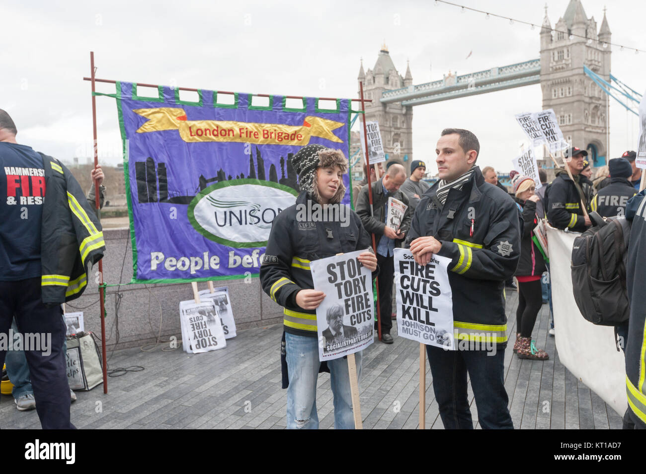 Fire fighters and Unison London Fire Brigade banner at protest outside ...