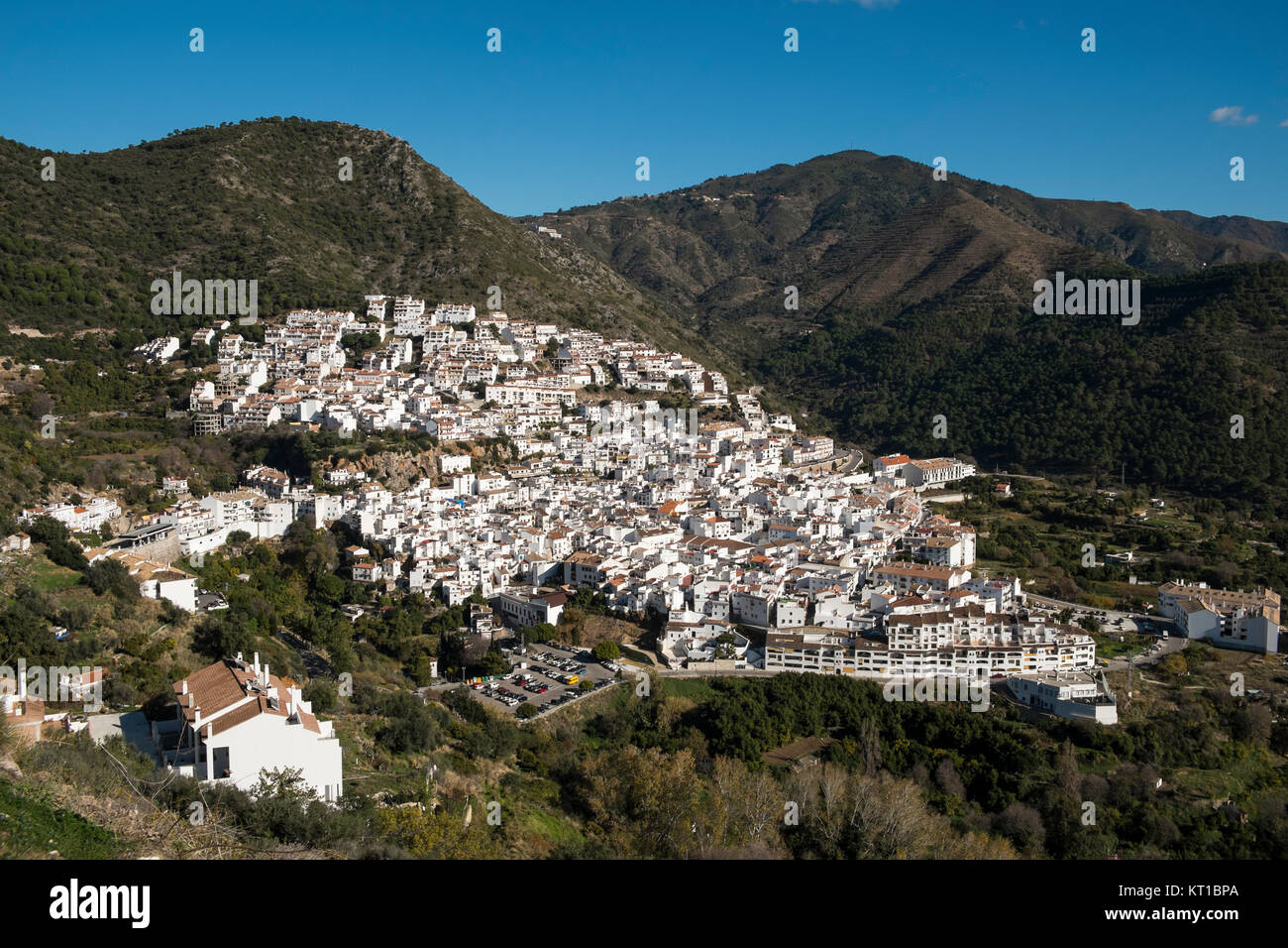 Aerial view of Ojen, White village over a hillside near Marbella, Spain ...