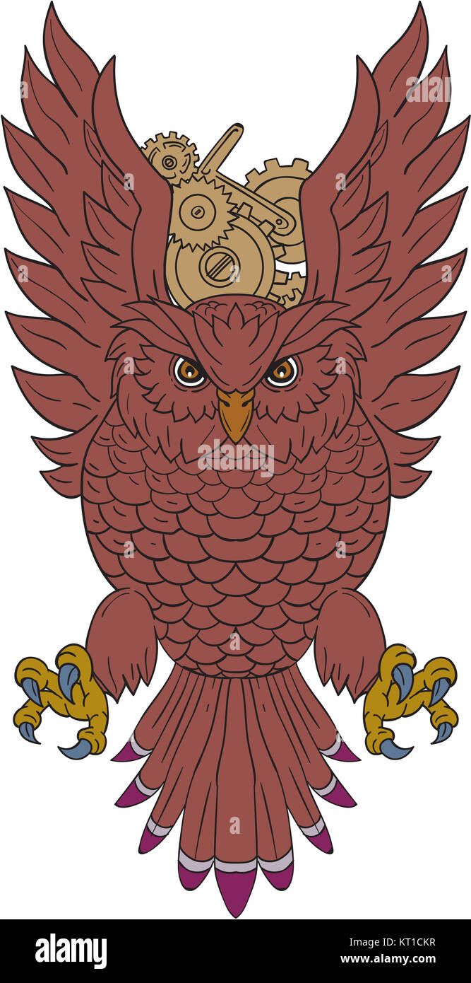 Owl Wings Spread Swooping Clock Gears Drawing Stock Photo - Alamy