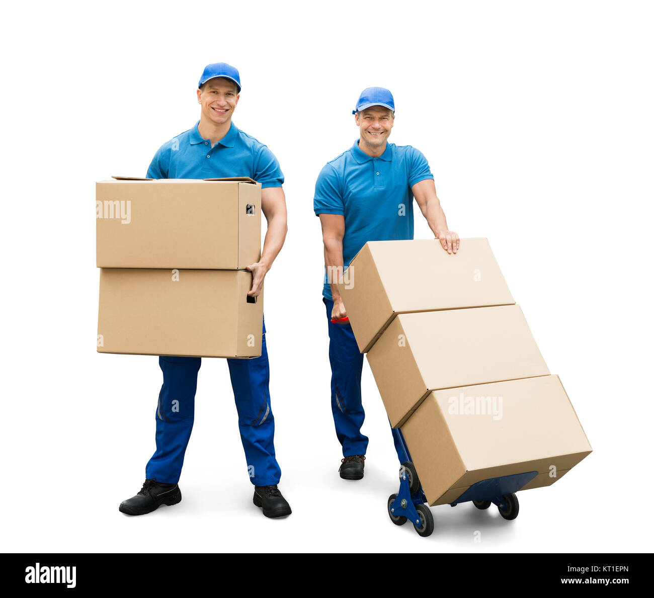 Two Delivery Men With Cardboard Boxes Stock Photo - Alamy