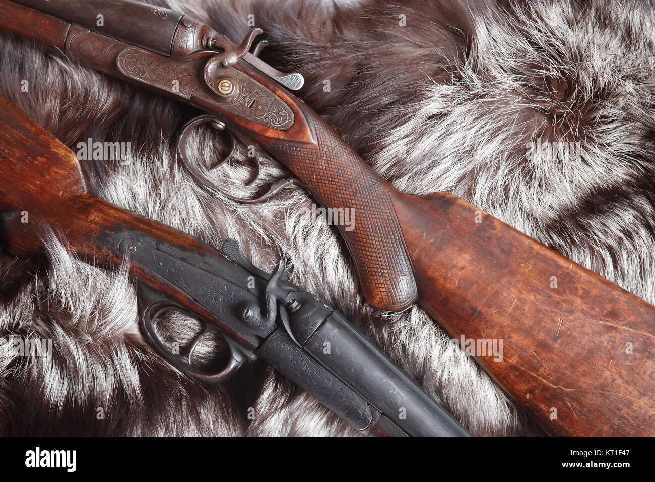 Ancient hunting shotguns closeup on nice fur background Stock Photo - Alamy
