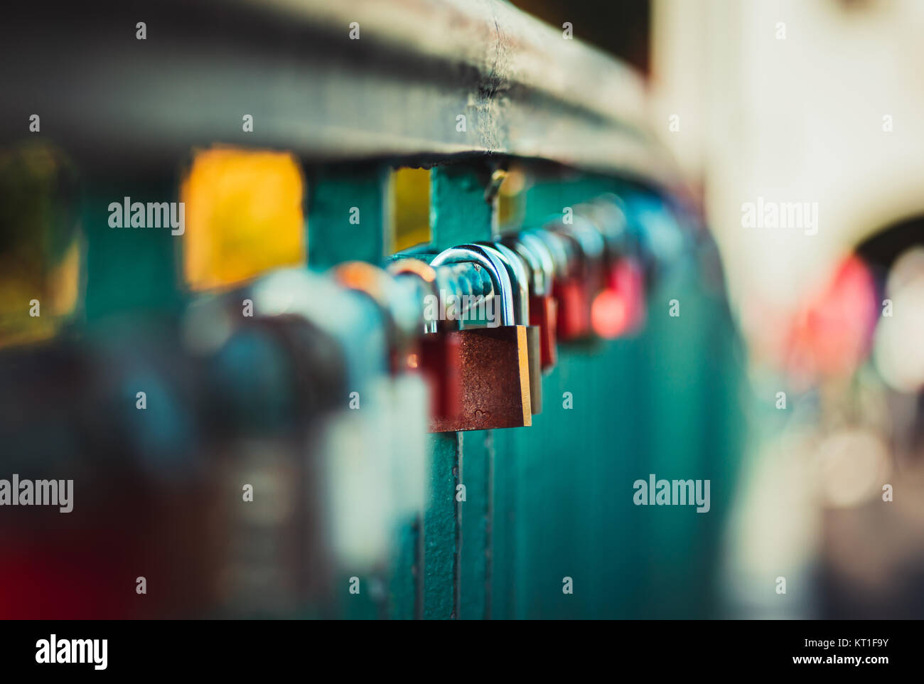 Colorful locks on a bridge, put there by couples in love. Taken in ...