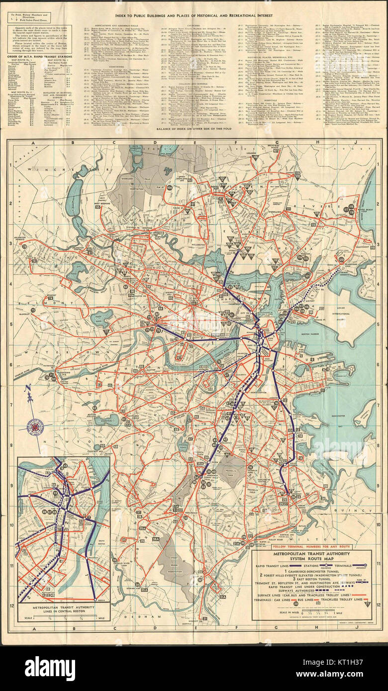 This 1948 map of the Massachusetts Transit Authority (M.T.A.) in Boston ...