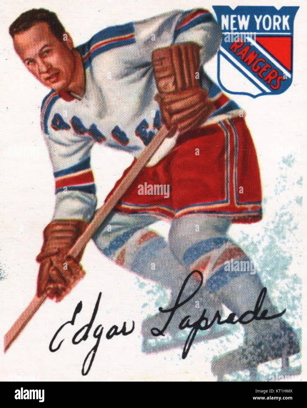 This 1954 Topps card features Edgar Laprade, a professional ice hockey ...