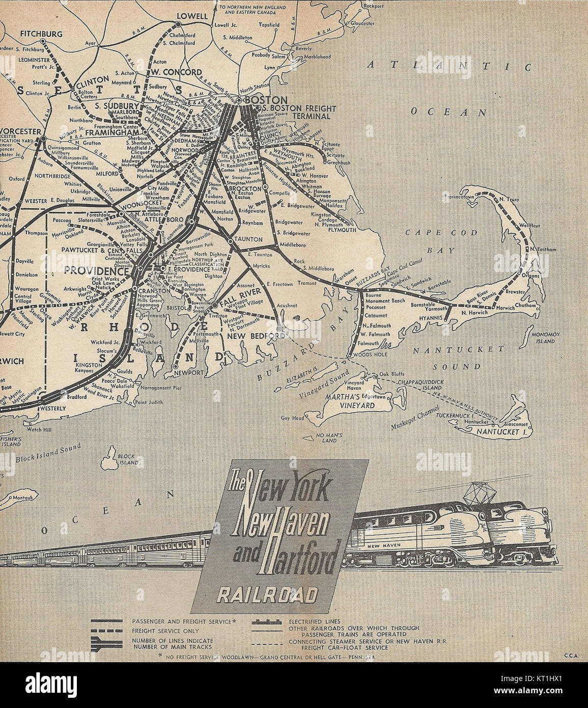 The 1956 New Haven Railroad map depicts the rail network connecting ...