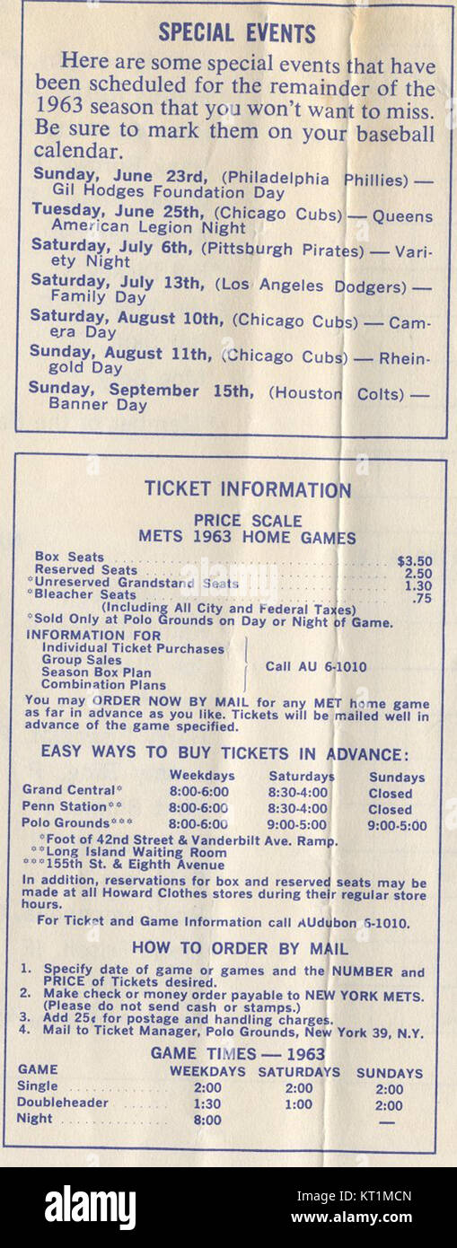 1963 NY Mets ticket info Stock Photo - Alamy