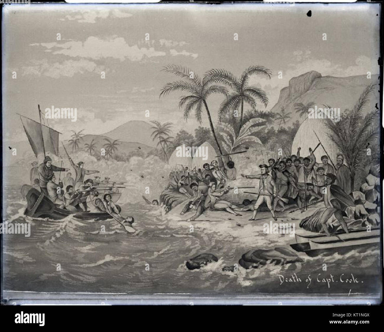 This image depicts the historical event of Captain Cook's death, as ...