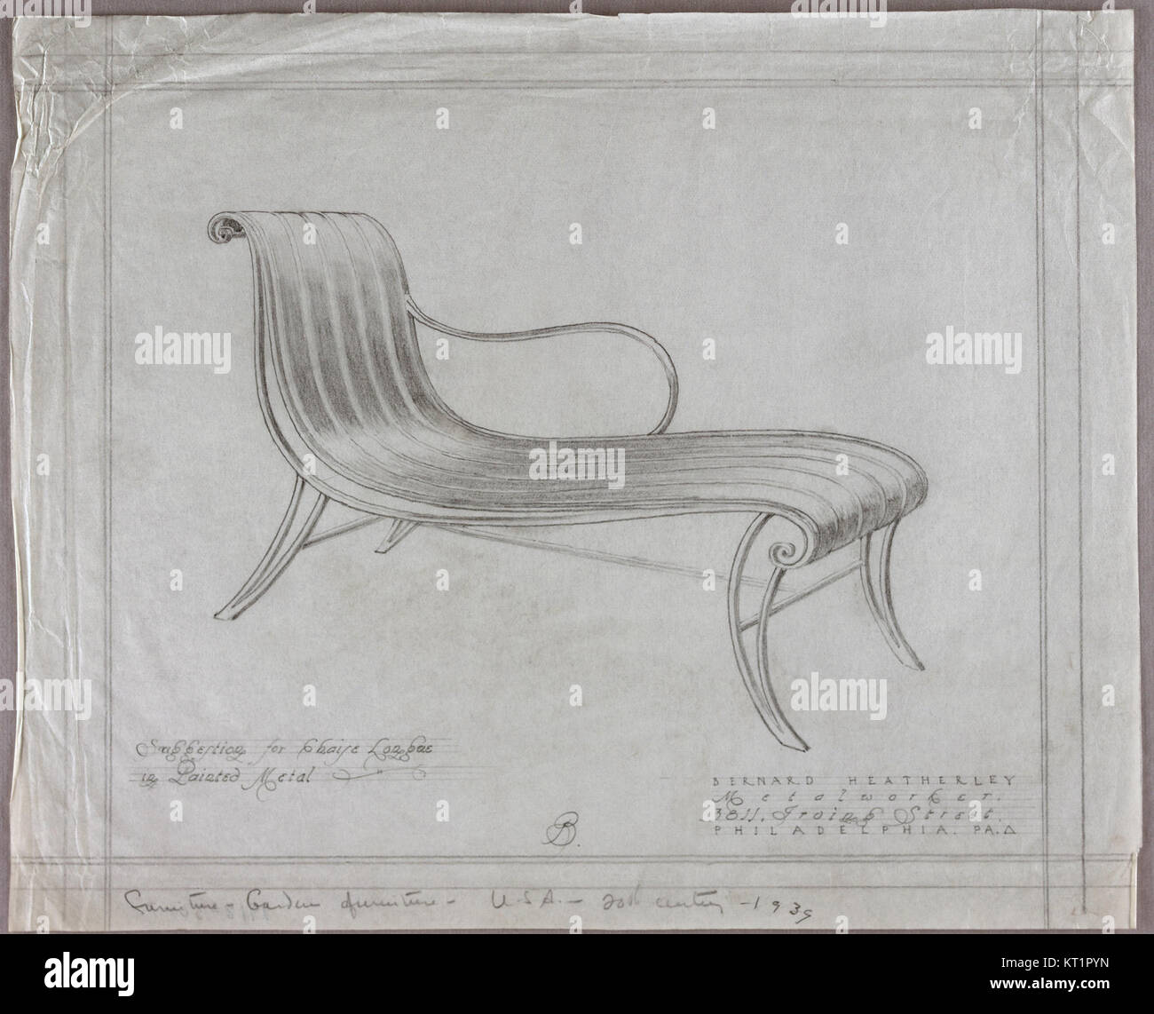This 1939 drawing depicts a metal chaise lounge designed for gardens or ...