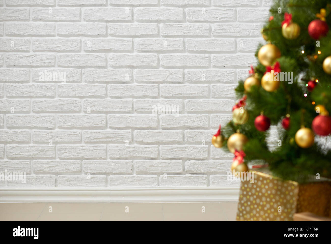 abstract background from christmas tree and blank brick wall, classic ...