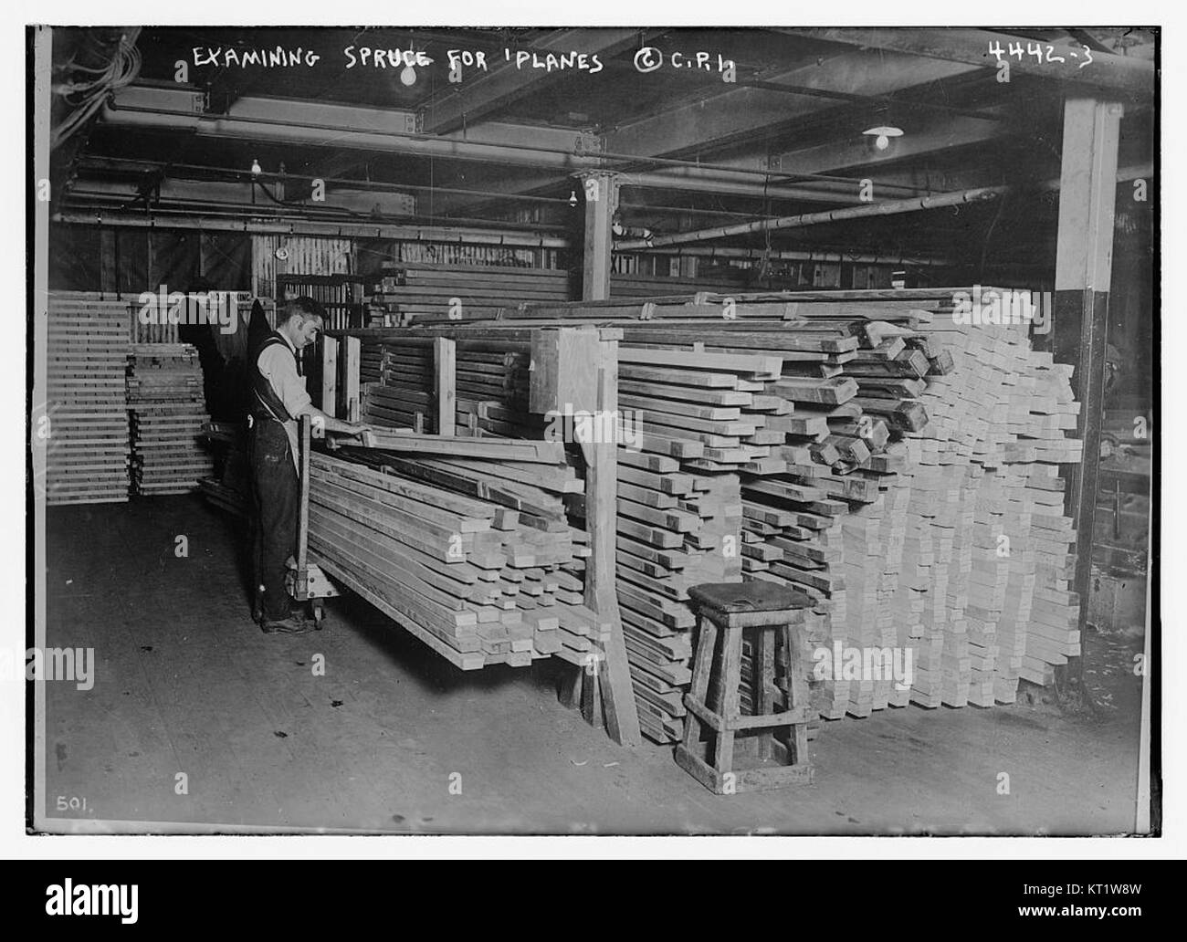 The image titled 'Examining spruce for planes' shows the process of ...