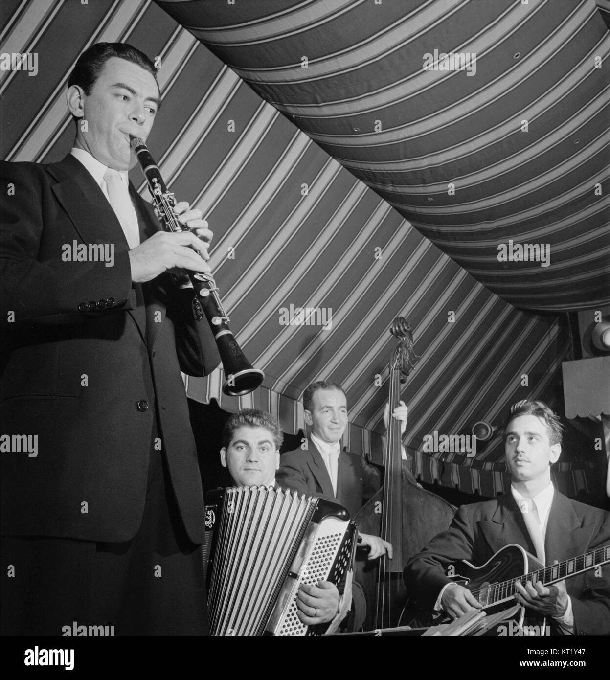 This photograph captures jazz musicians Abe Most, Pete Ponti, Sid ...