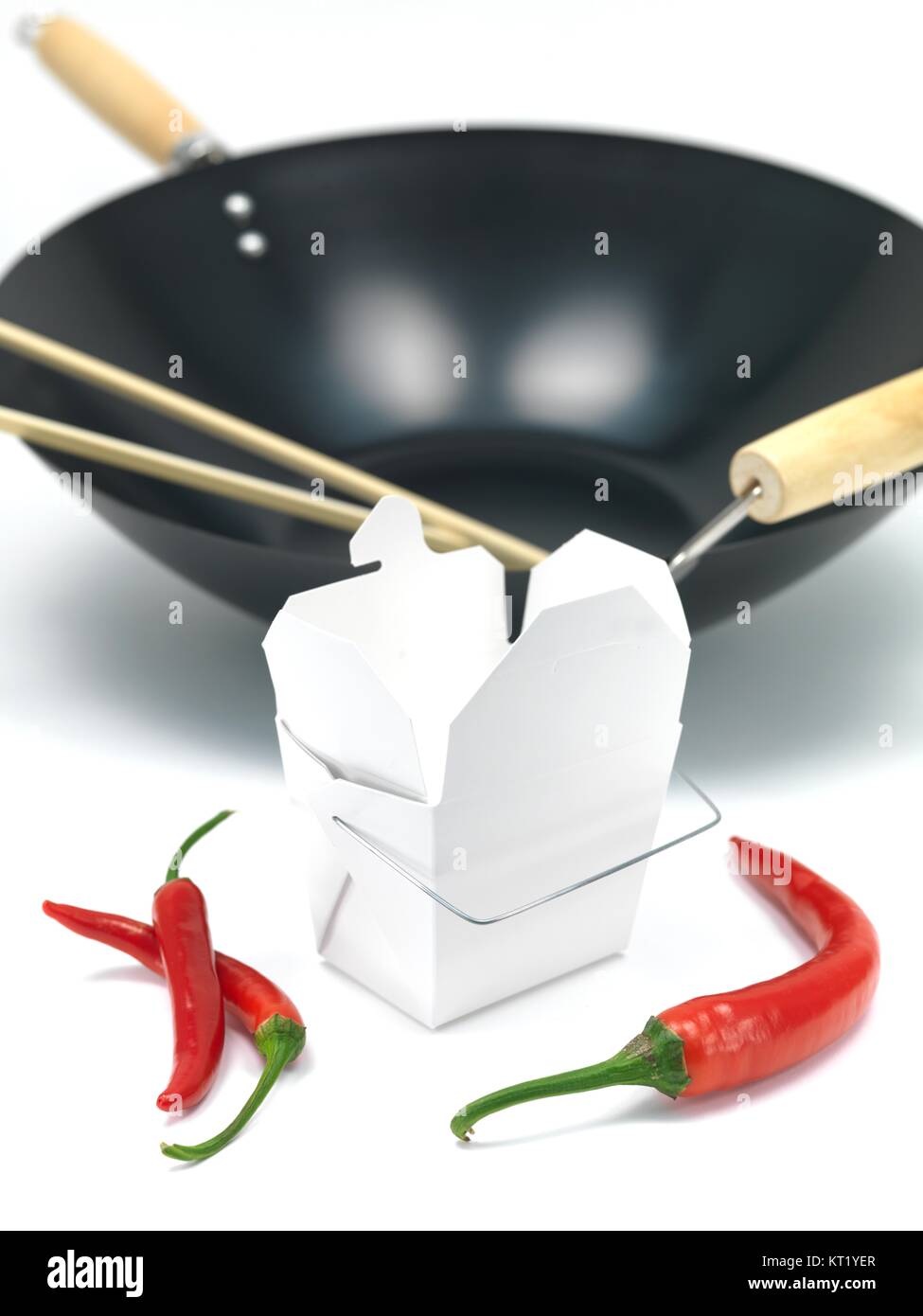 A Chinese takeaway container and a wok isolated against a white ...