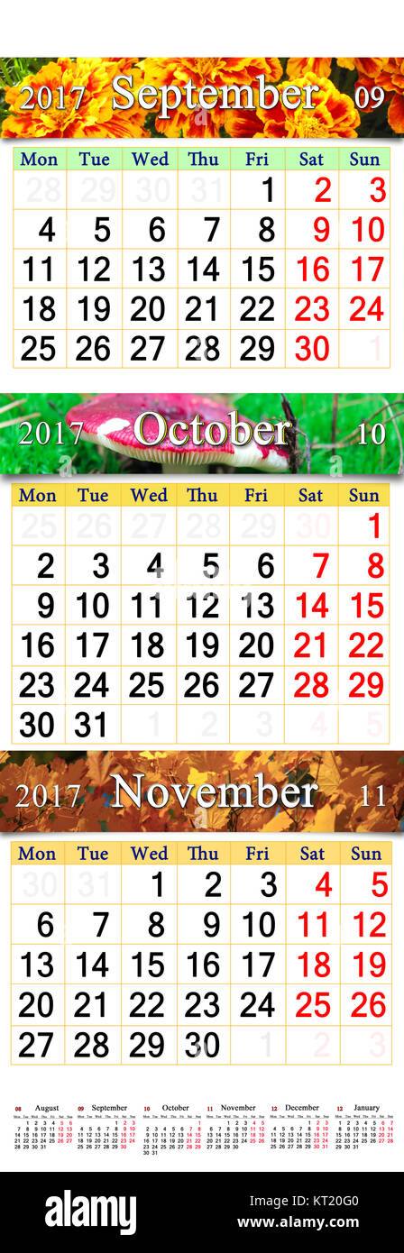 September October and November 2017 with colored pictures in form of ...