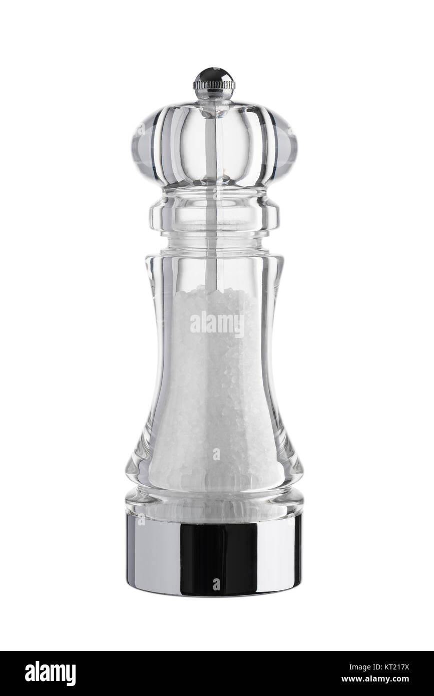 glass salt grinder full of coarse salt, isolated on white background ...