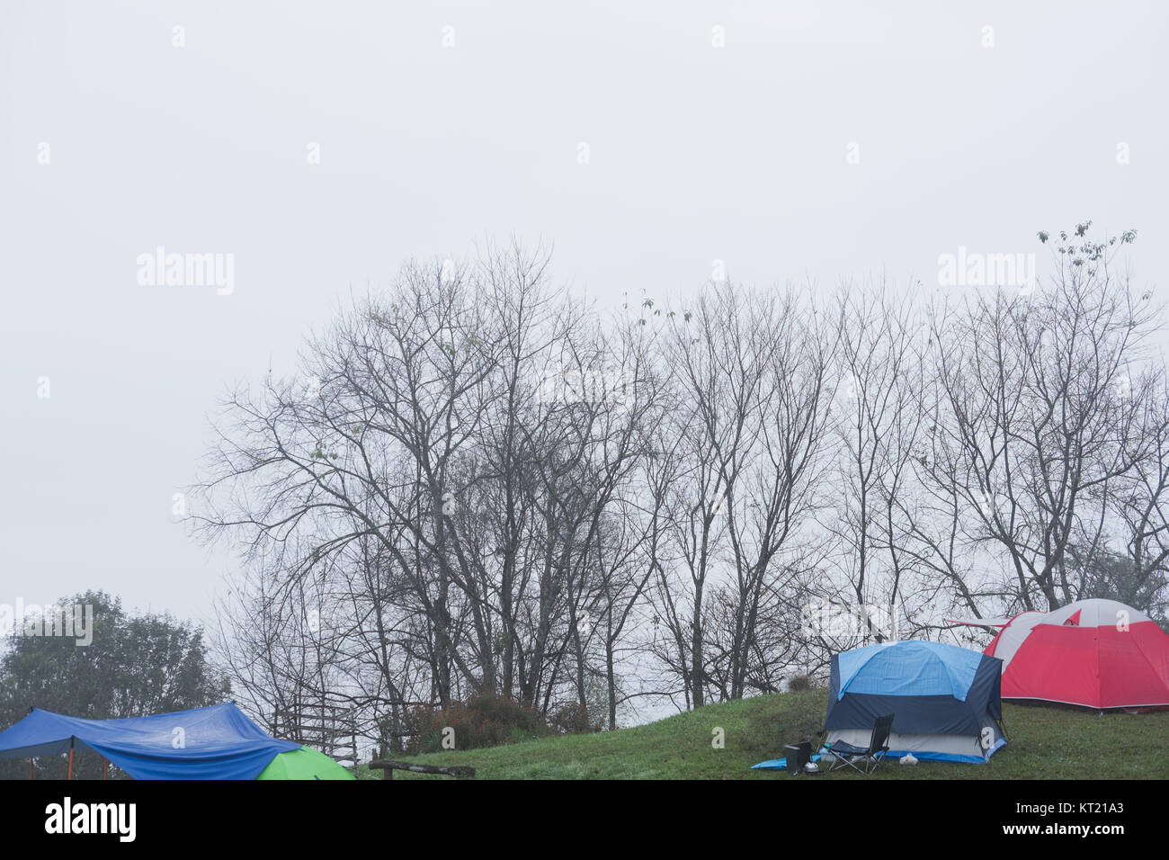 tourist tent in mist and fog. camping in forest. travel, vacation ...