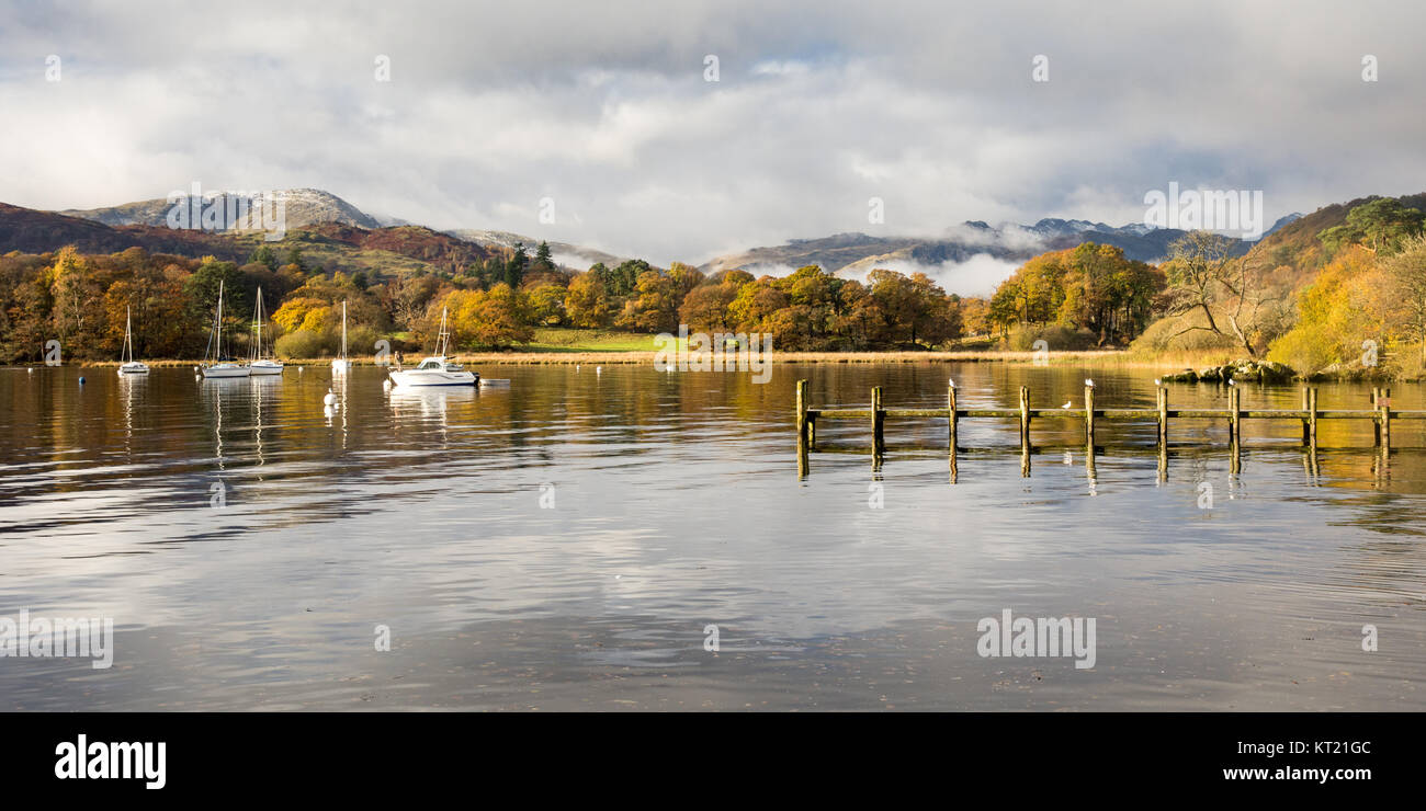 Mist rises from woodland in autumn colour at Ambleside on Windermere ...