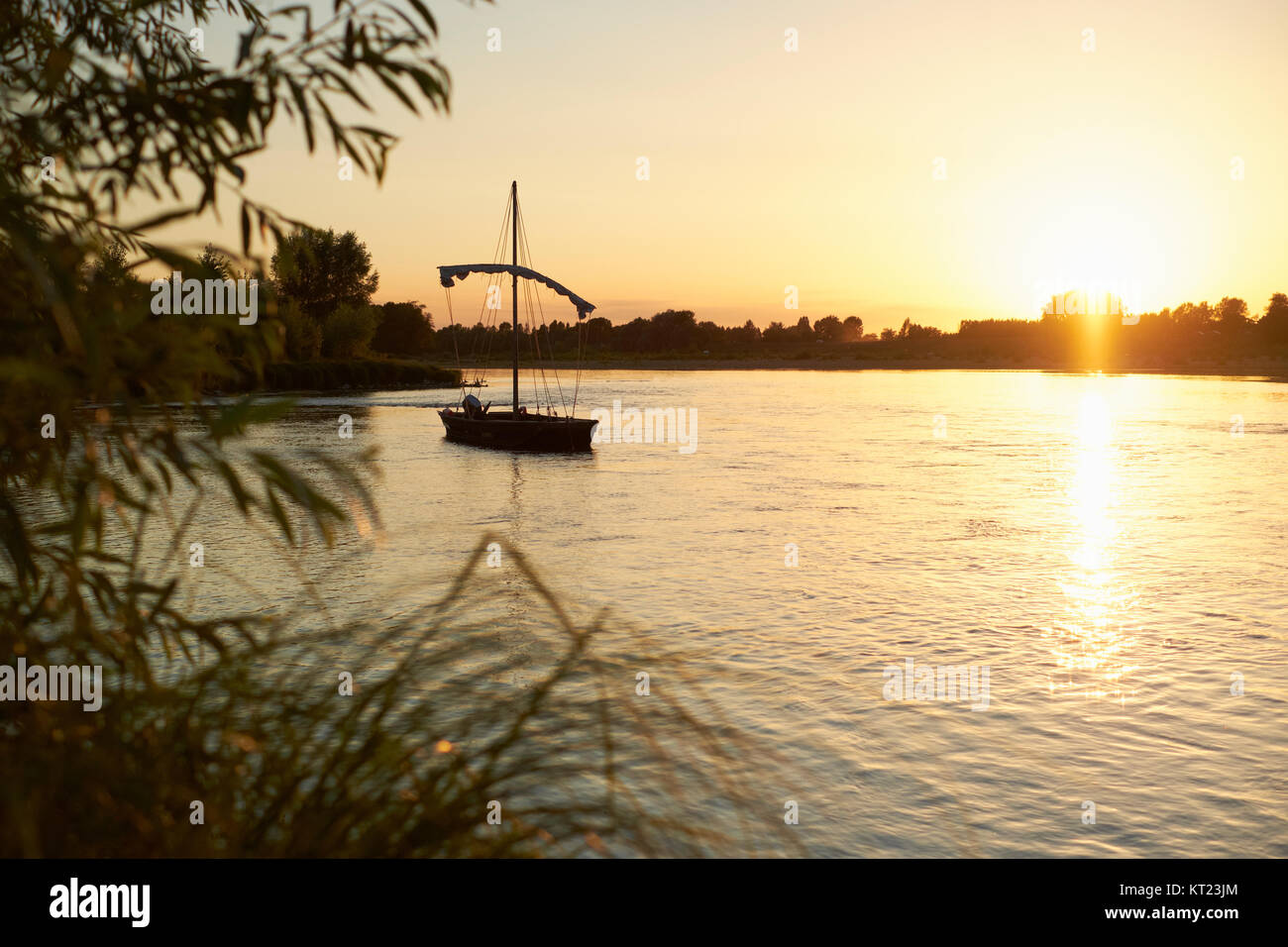 A traditional Loire River flat bottomed wooden Gabares saling boat at ...