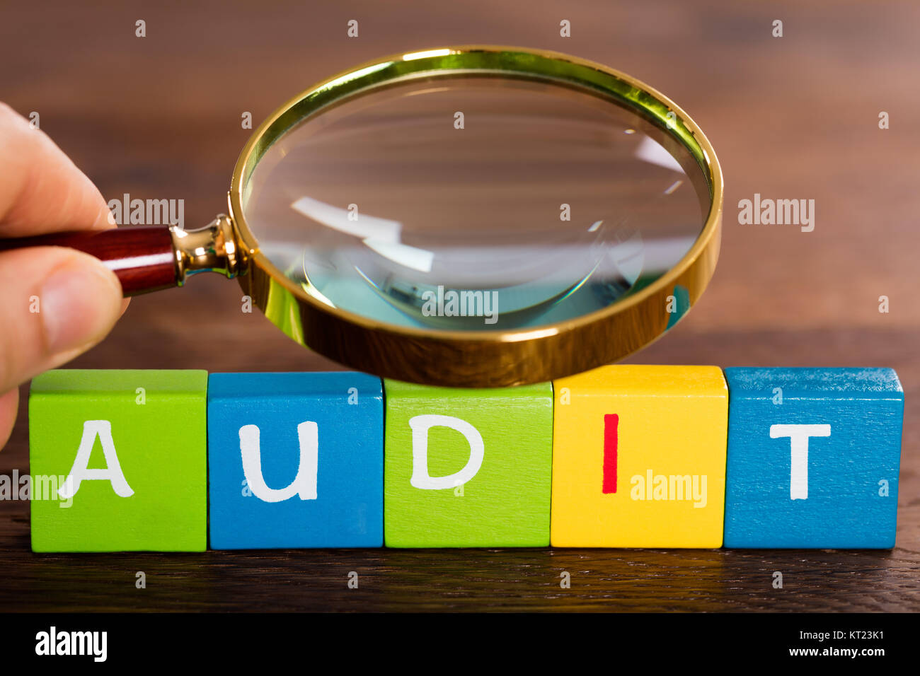 Person With Magnifying Glass Over The Word Audit Stock Photo - Alamy