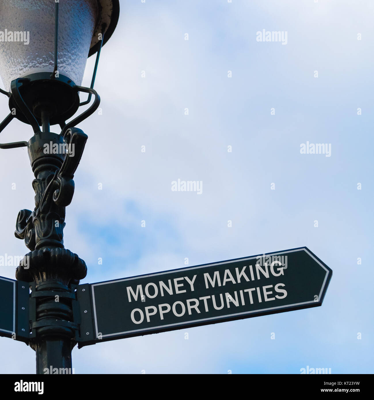 MONEY MAKING OPPORTUNITIES directional sign on guidepost Stock Photo ...