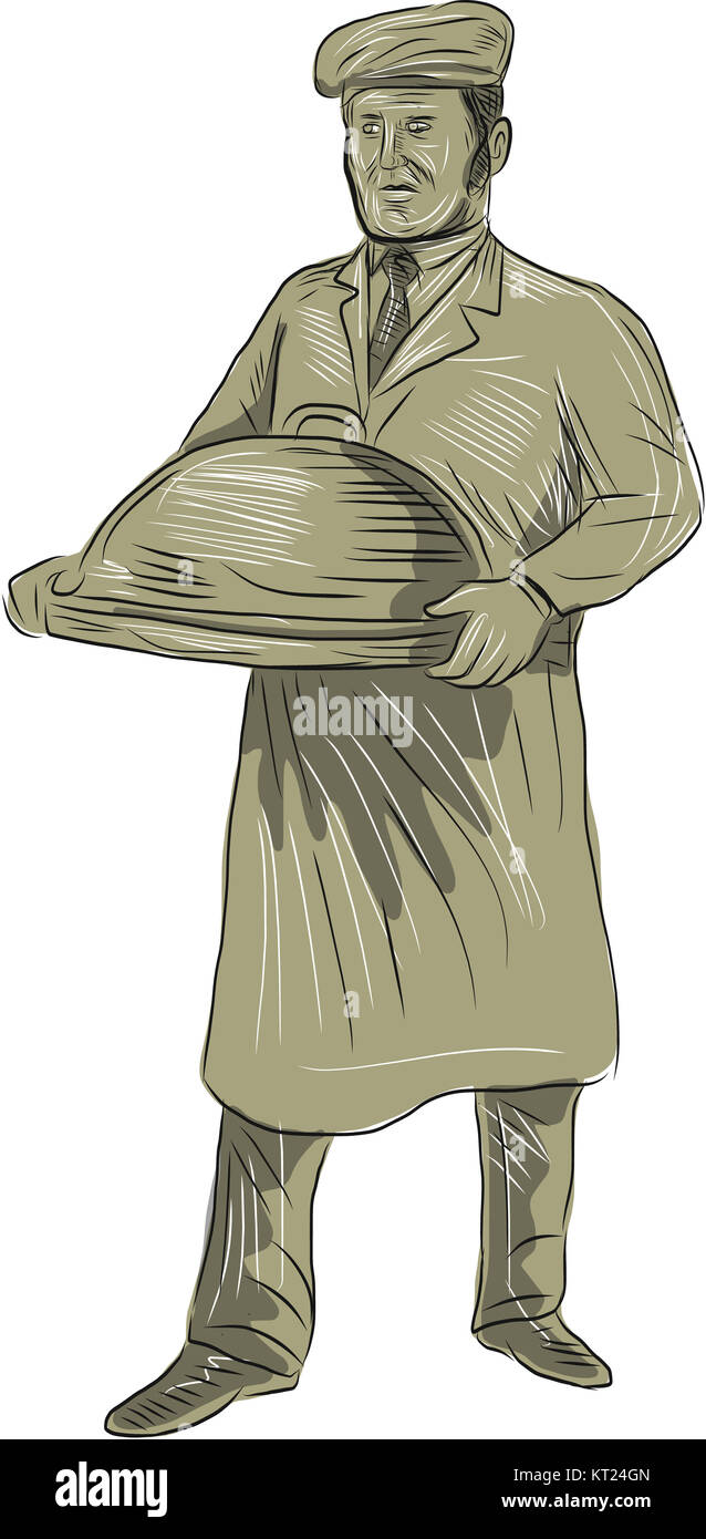 Victorian Waiter Serving Food Platter Drawing Stock Photo - Alamy