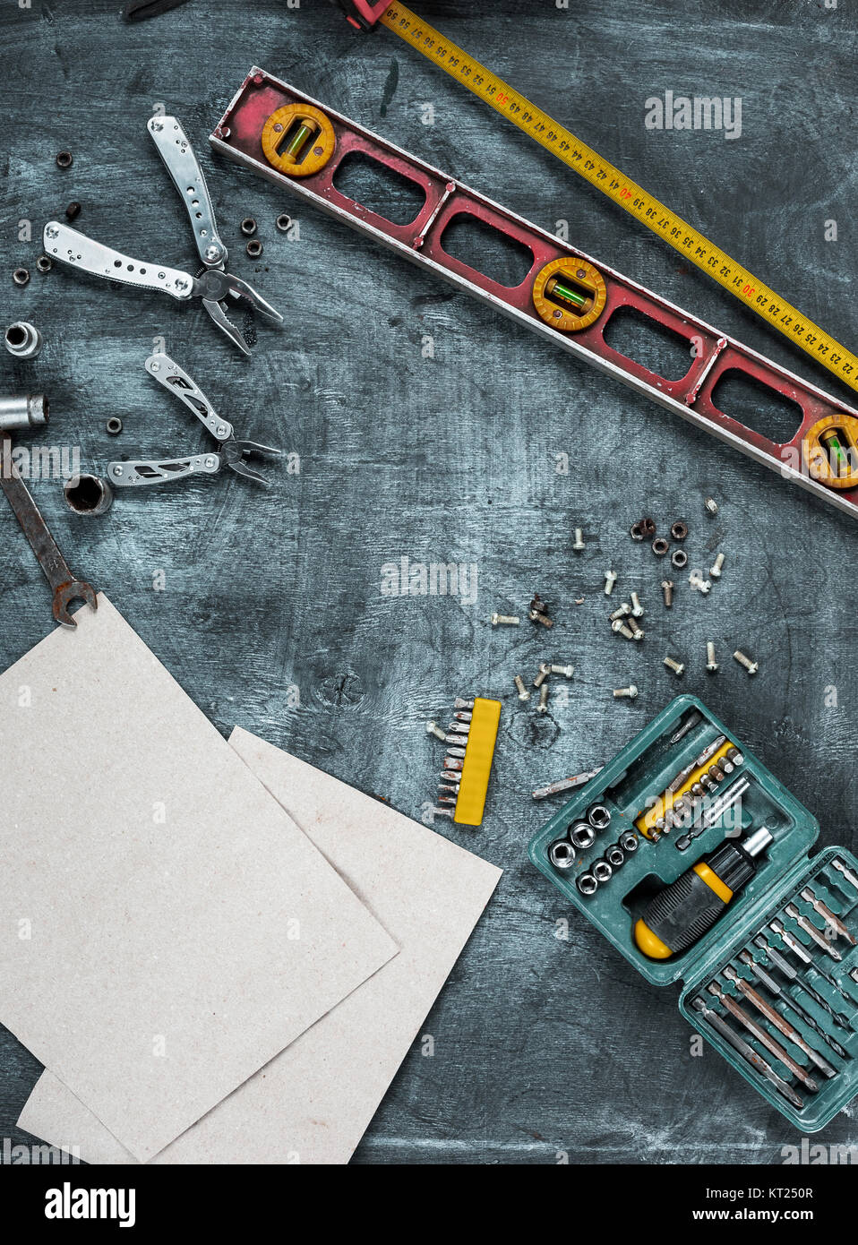 The set of construction tools on wooden table Stock Photo - Alamy