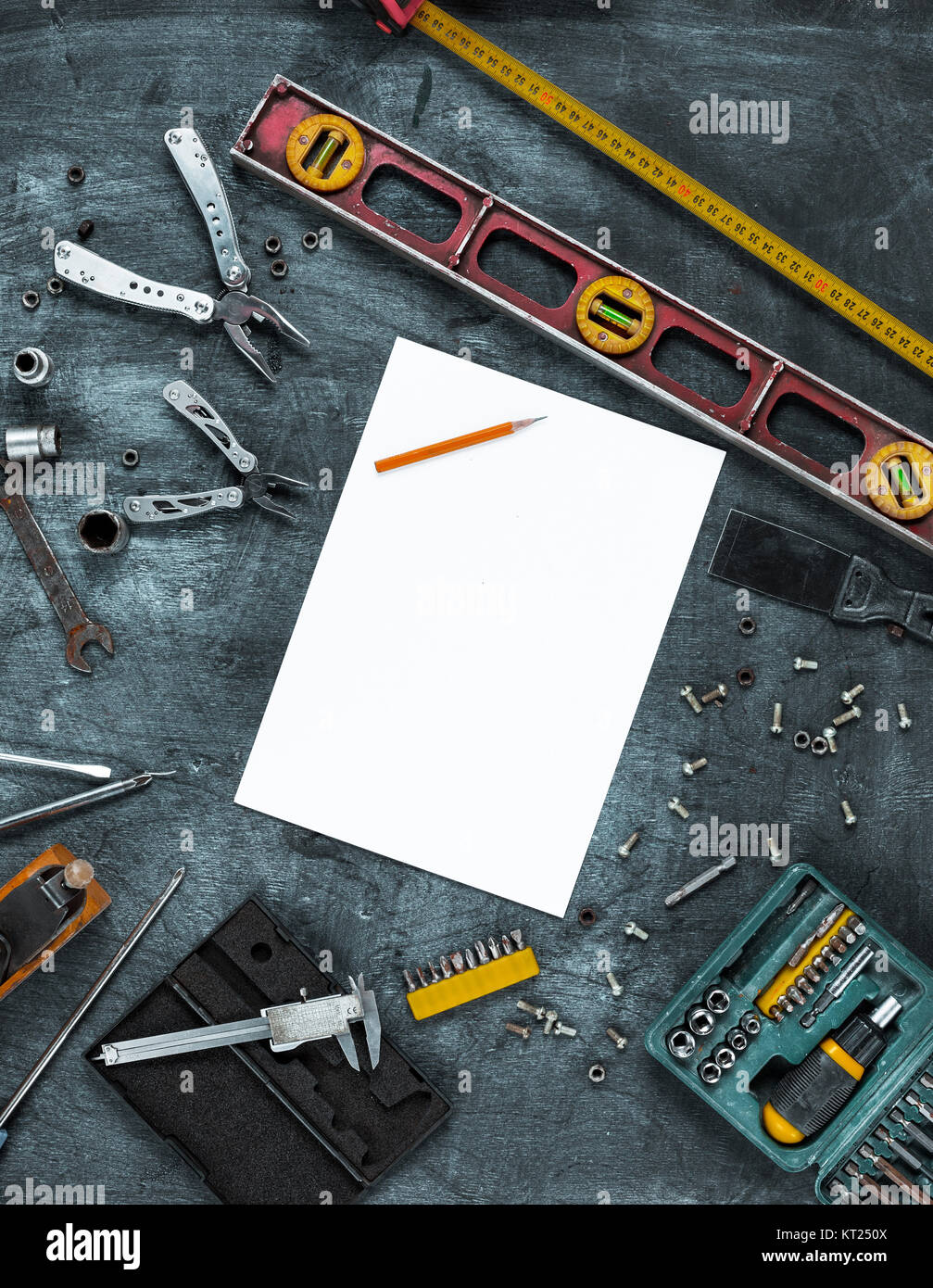 The set of construction tools on wooden table Stock Photo - Alamy