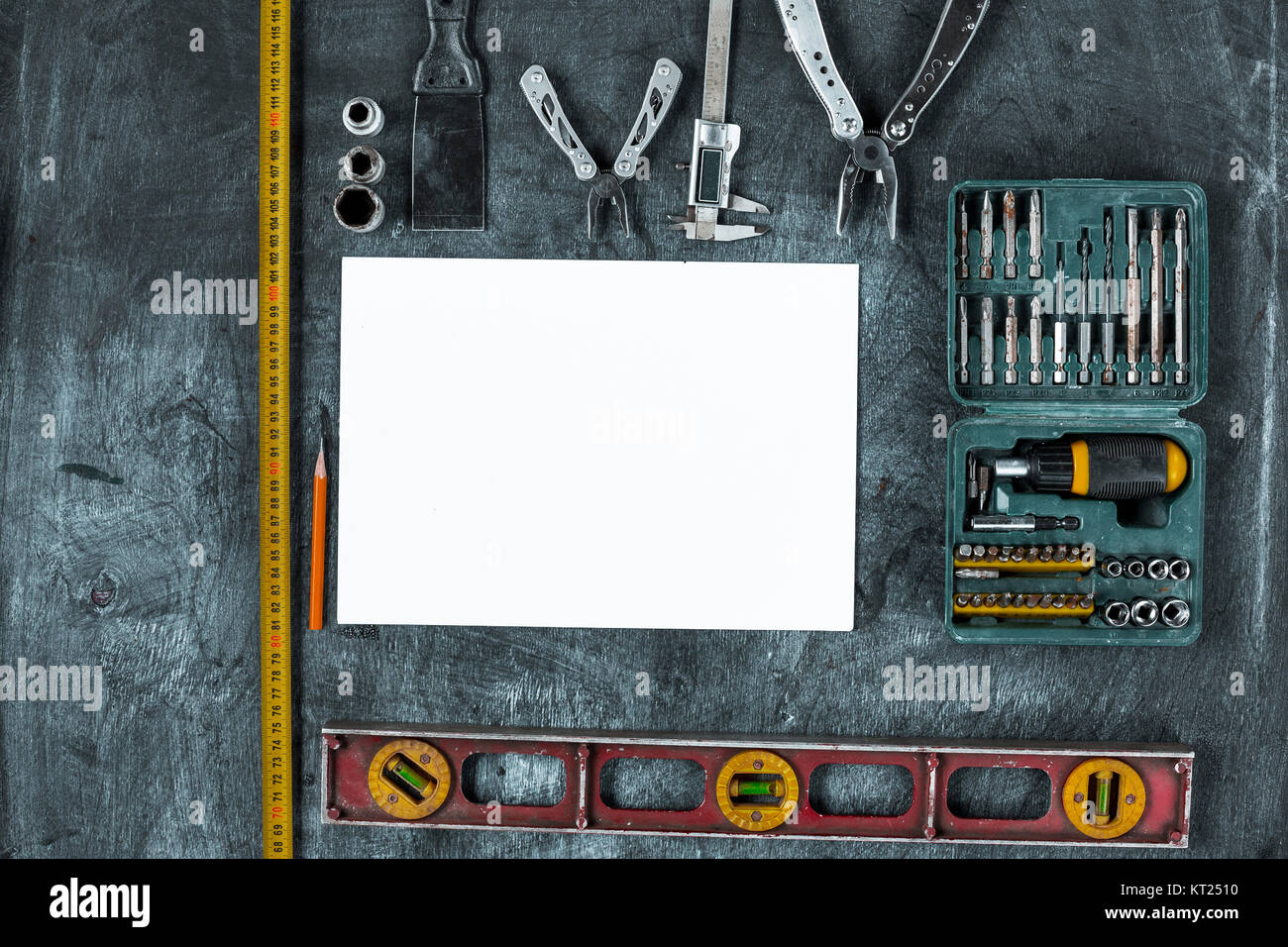 The set of construction tools on wooden table Stock Photo - Alamy