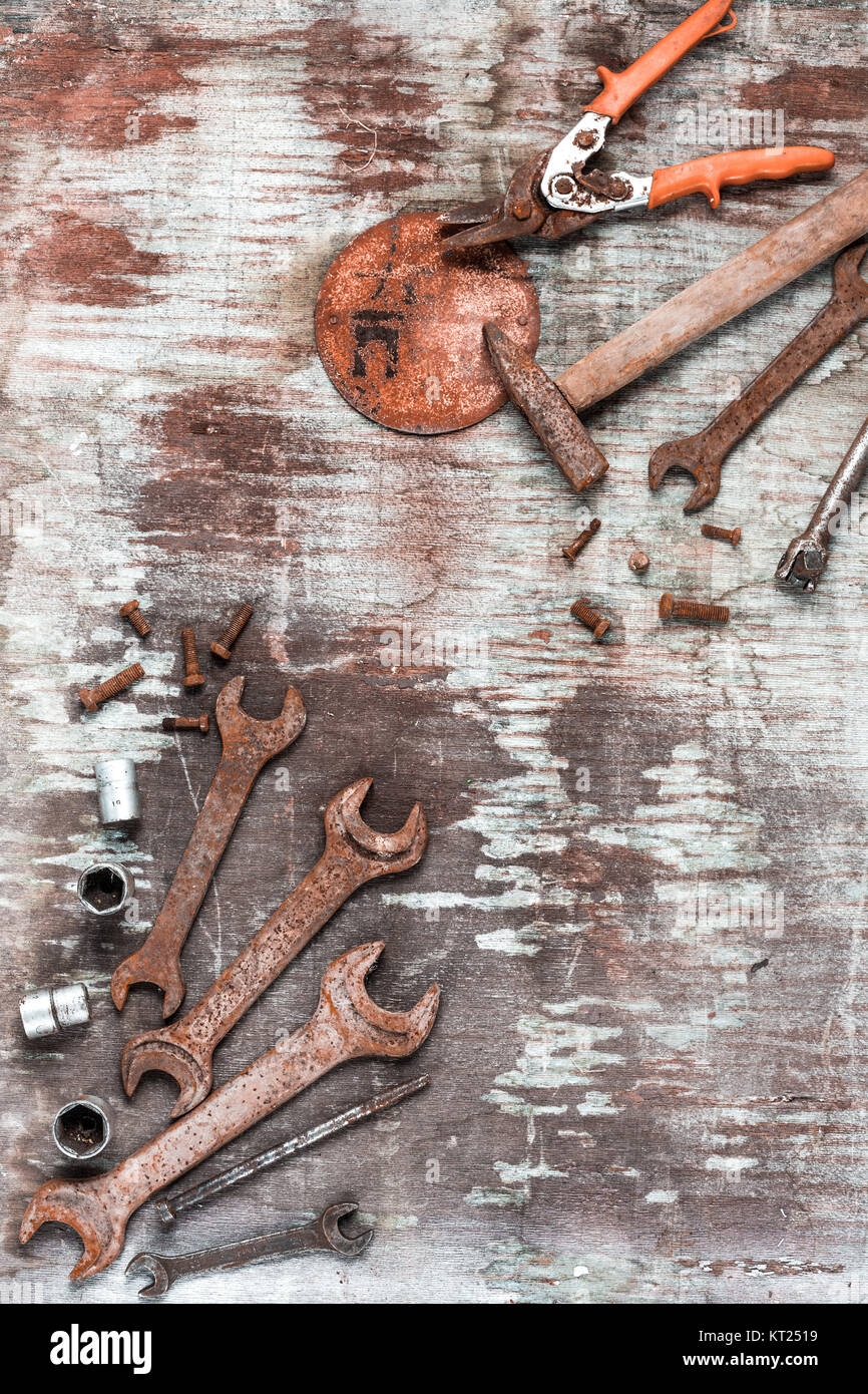 The set of construction tools on wooden table Stock Photo - Alamy