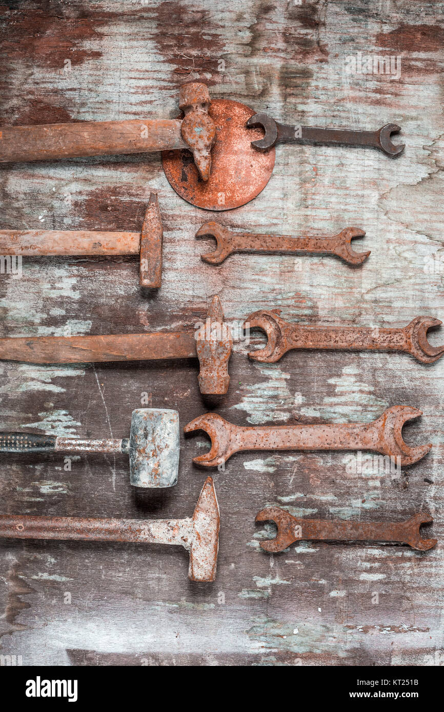 The set of construction tools on wooden table Stock Photo - Alamy