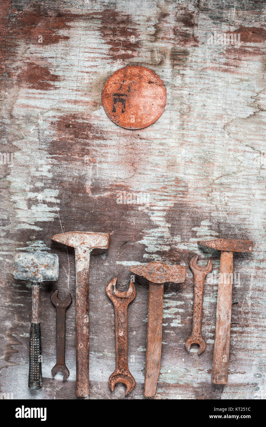 The set of construction tools on wooden table Stock Photo - Alamy