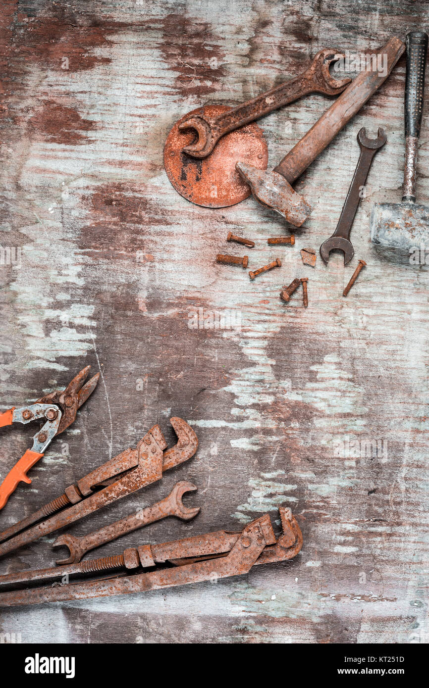 The set of construction tools on wooden table Stock Photo - Alamy