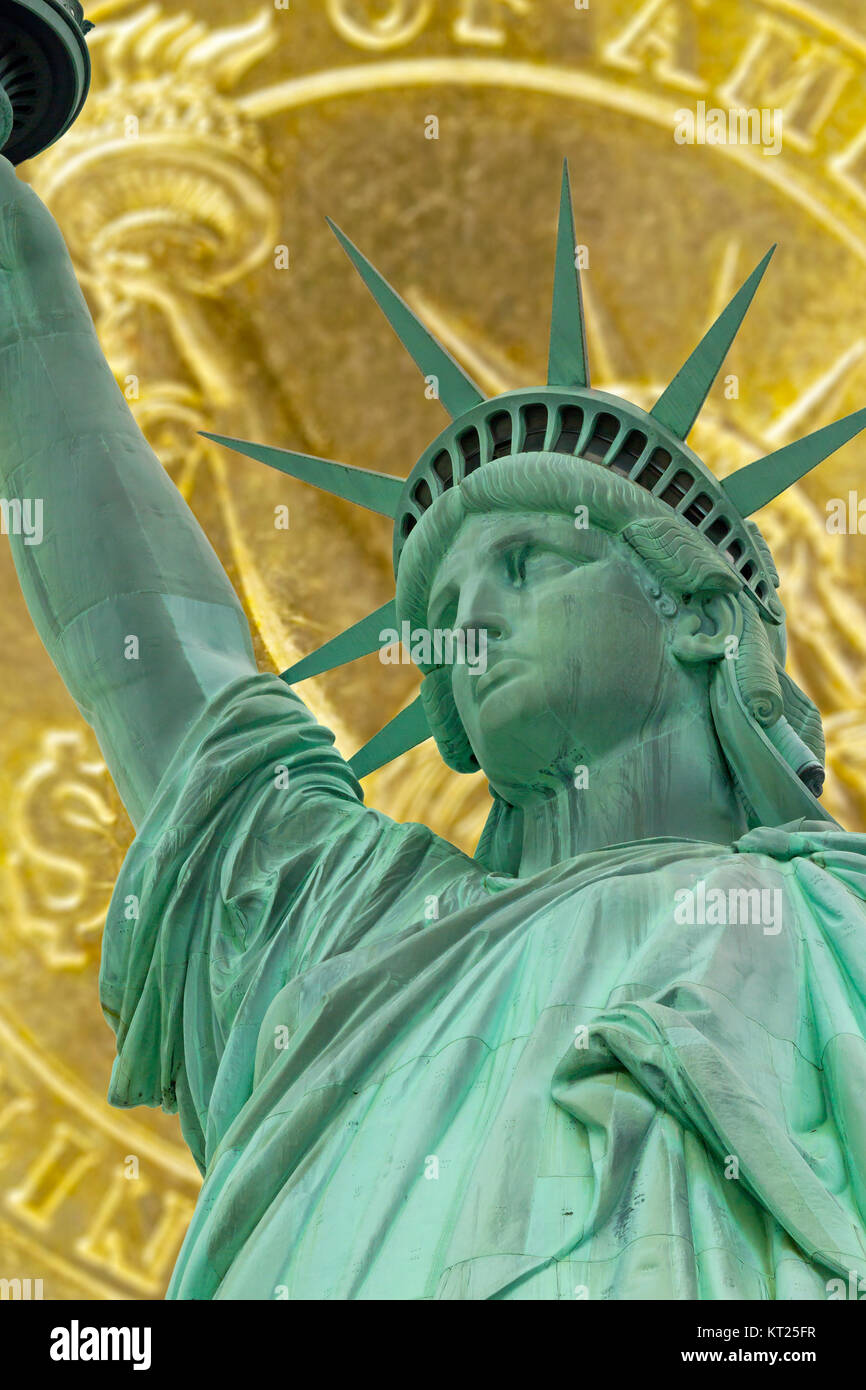 Statue of Liberty and one dollar coin closeup Stock Photo - Alamy