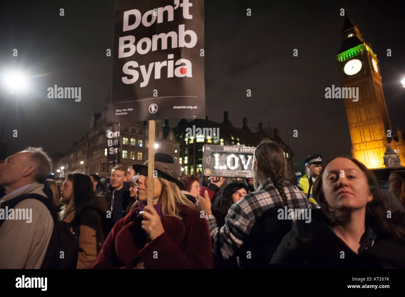 Protestersin front of Big Ben at the emergency Don't Bomb Syria protest ...