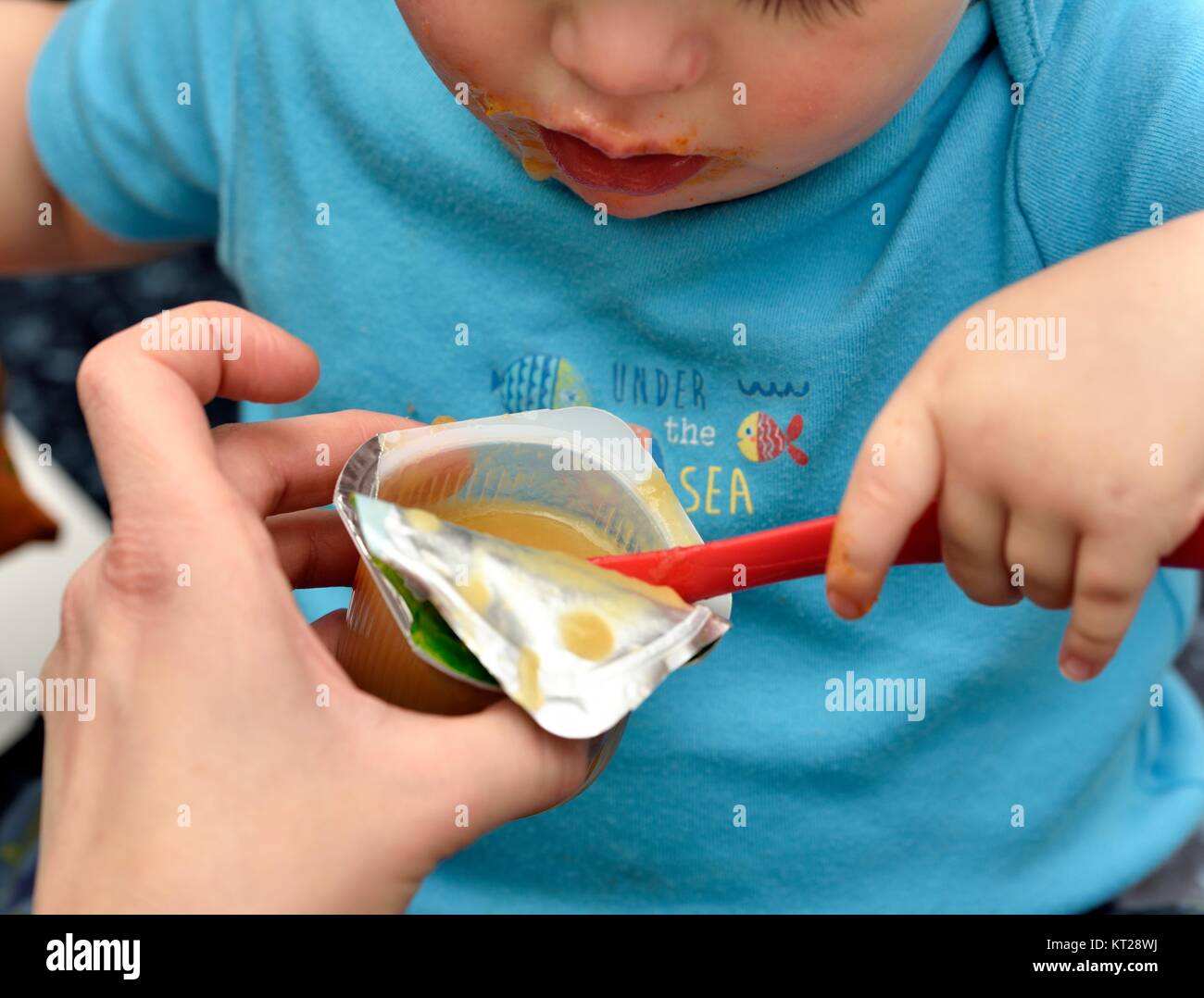 Toddler boy using a spoon to eat a dessert Stock Photo - Alamy