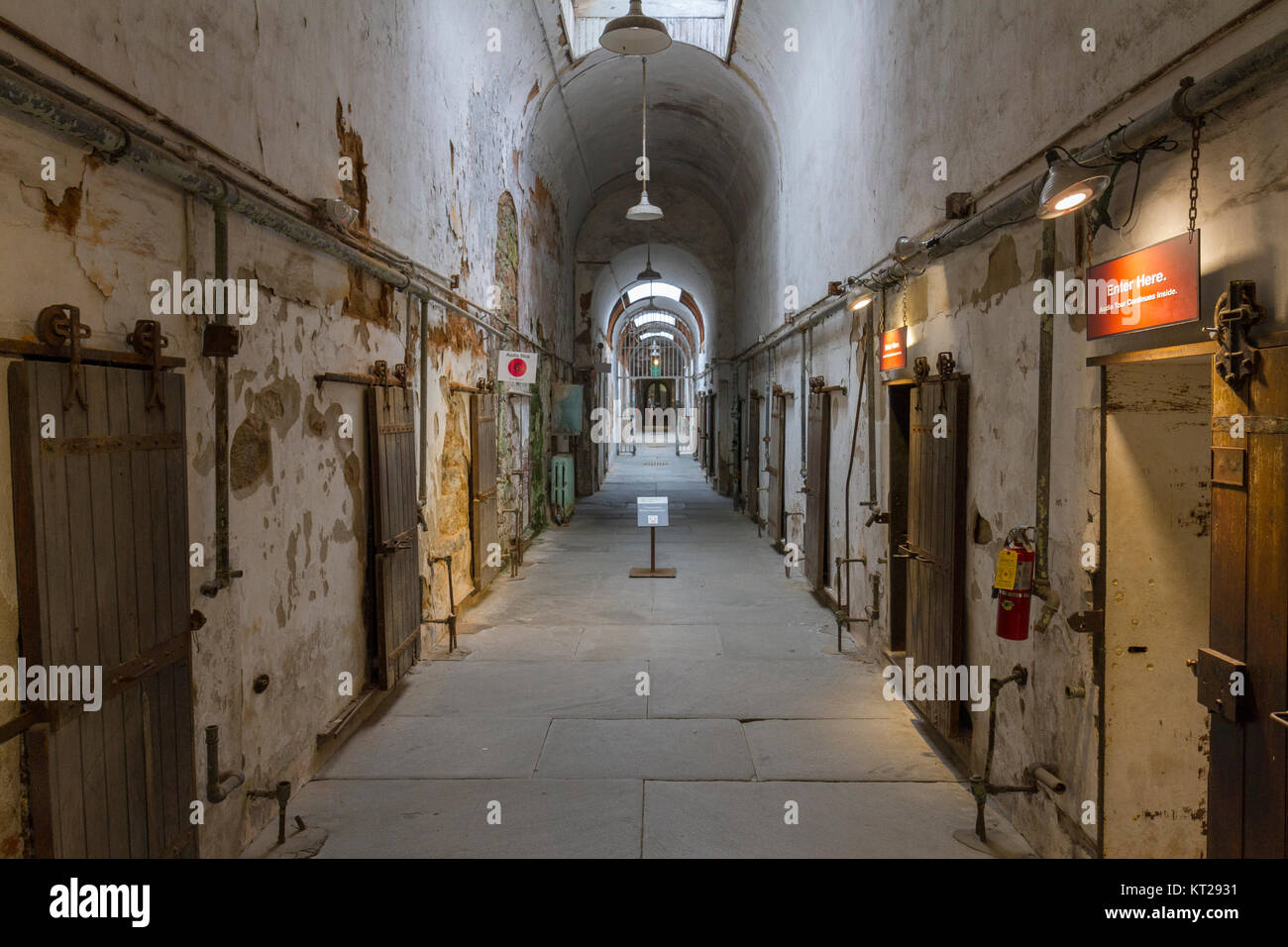 View along prison wing corridor in the Eastern State Penitentiary ...