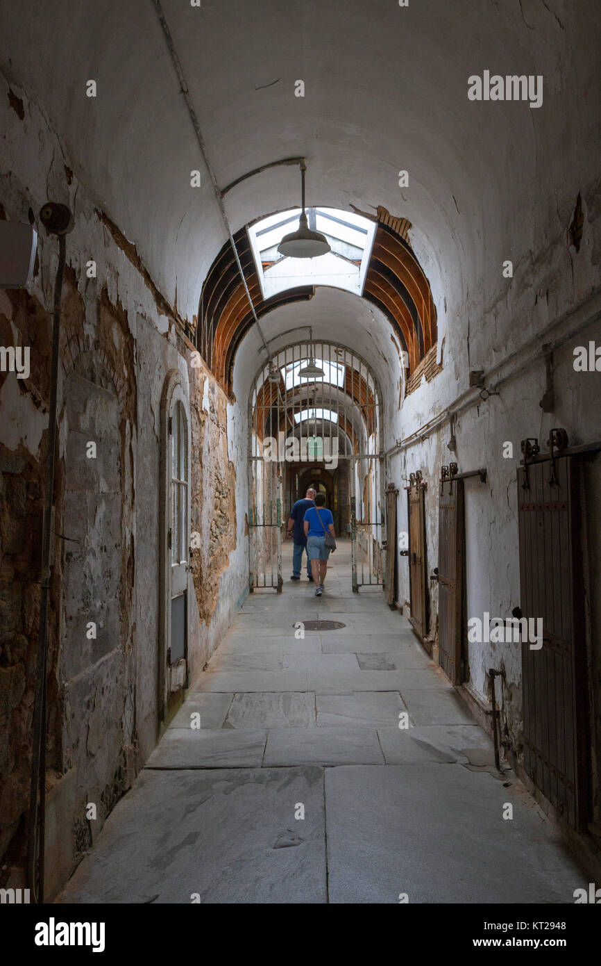 View along prison wing corridor in the Eastern State Penitentiary ...