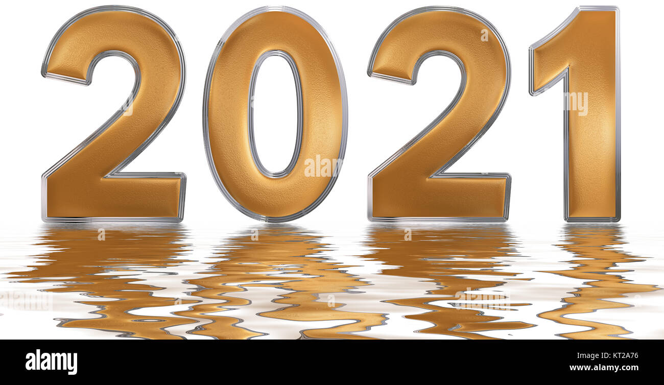 Numeral 2021, reflection in water, isolated on white background, 3d ...