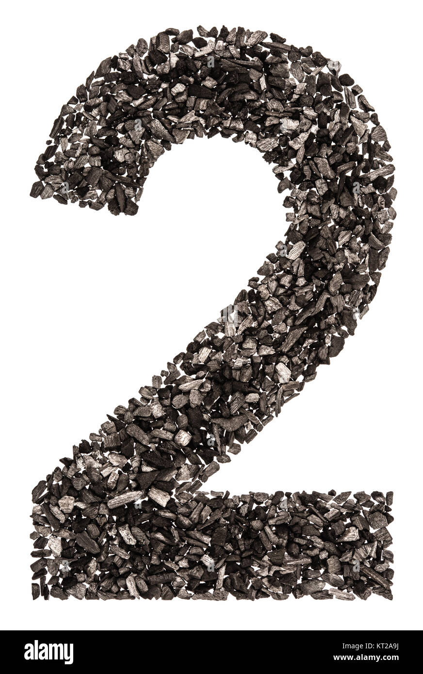 Arabic numeral 2, two, from black a natural charcoal, isolated on white ...
