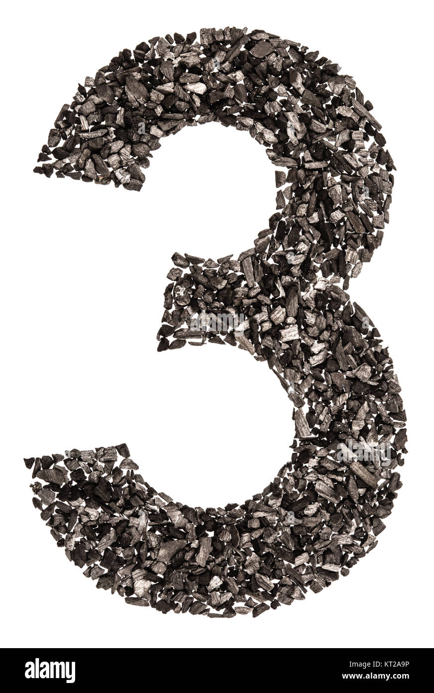 Arabic numeral 3, three, from black a natural charcoal, isolated on ...