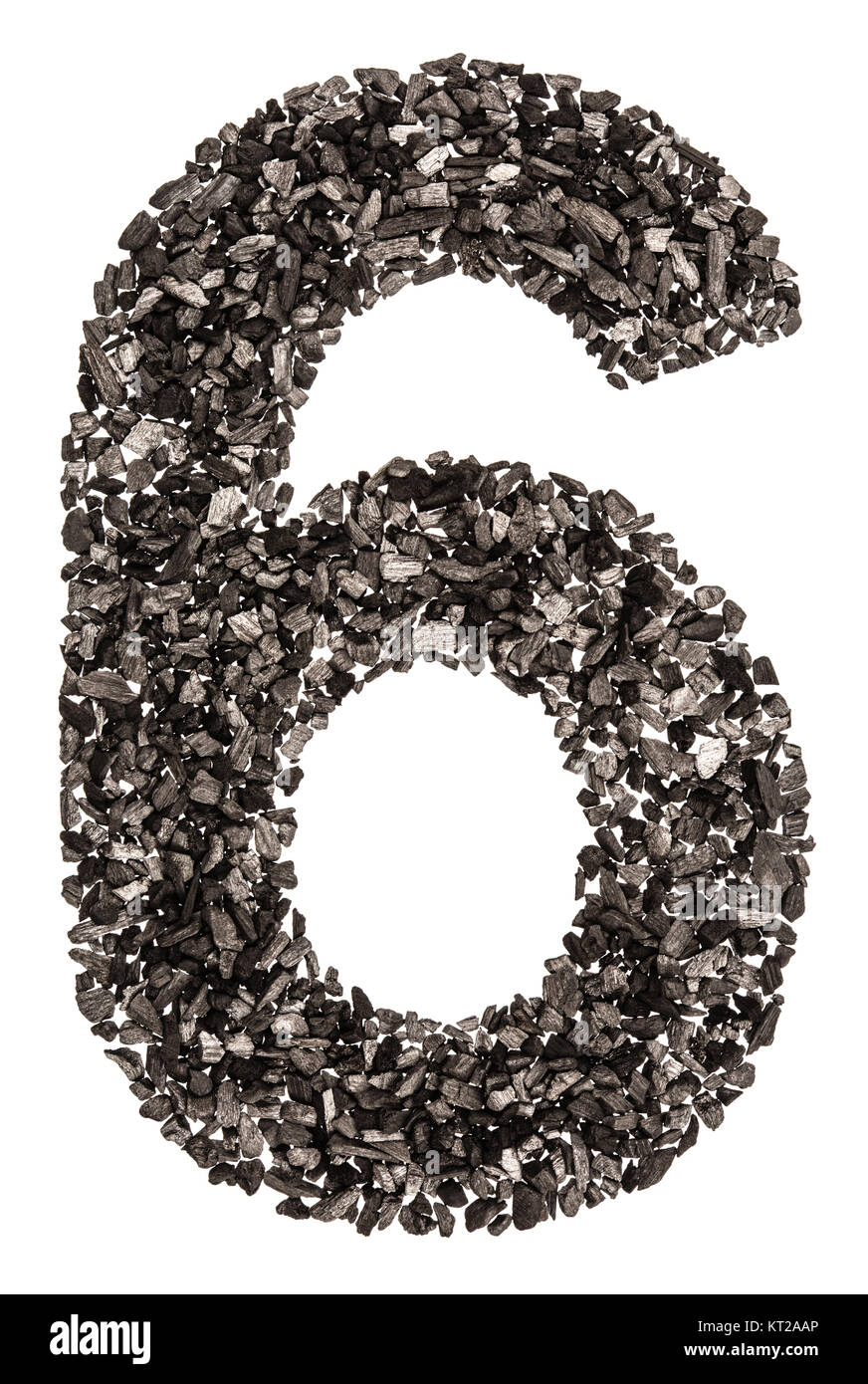 Arabic numeral 6, six, from black a natural charcoal, isolated on white ...