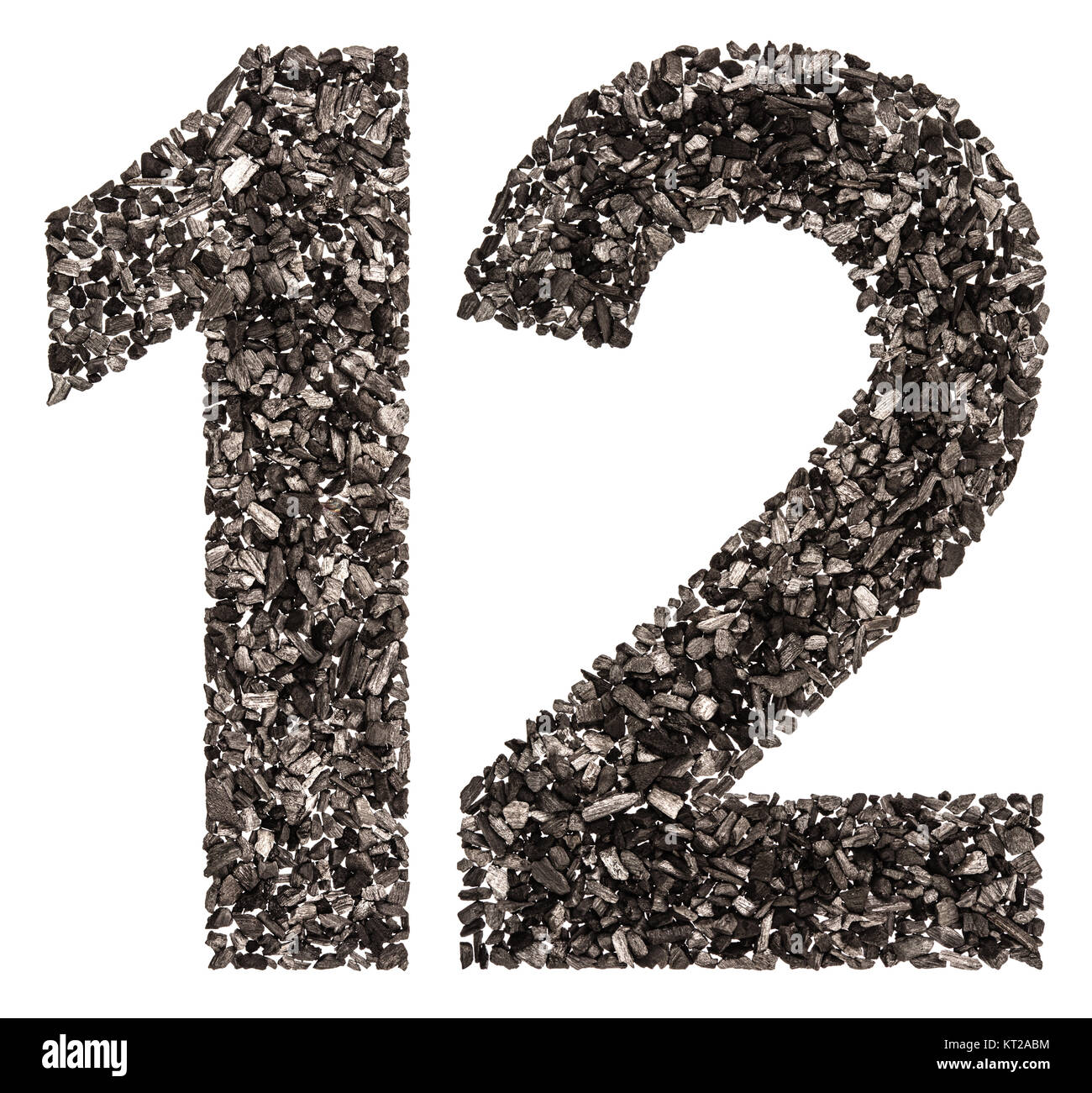 Arabic numeral 12, twelve, from black a natural charcoal, isolated on ...