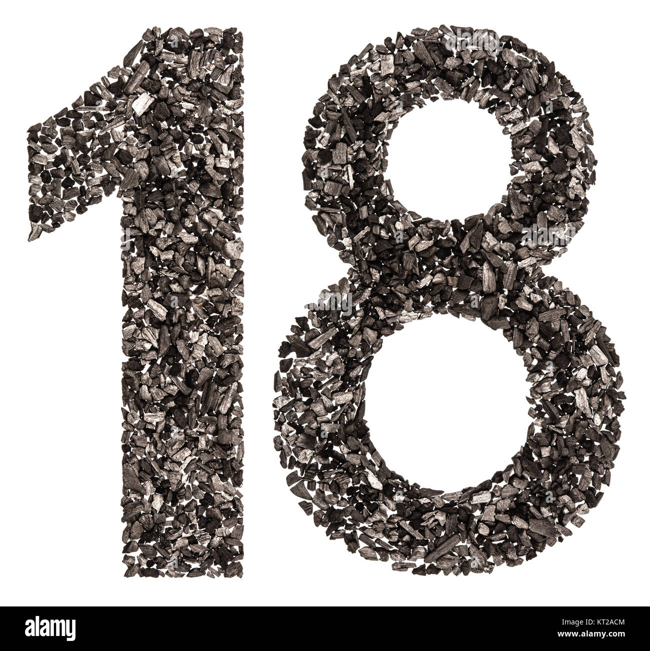 Arabic numeral 18, eighteen, from black a natural charcoal, isolated on ...