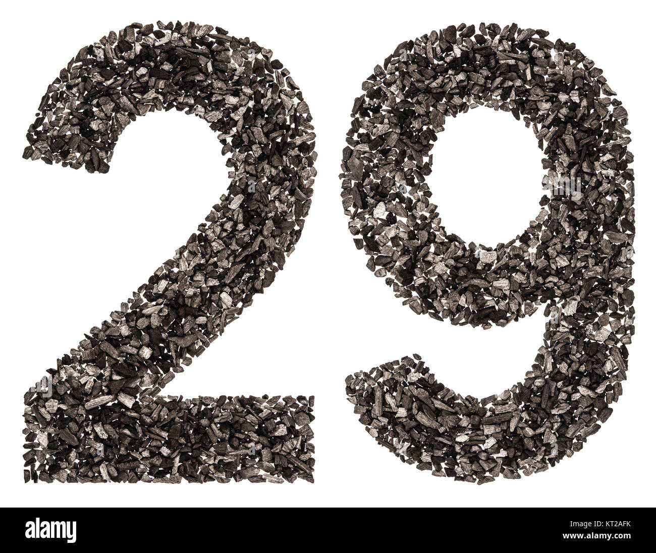Arabic numeral 29, twenty nine, from black a natural charcoal, isolated ...