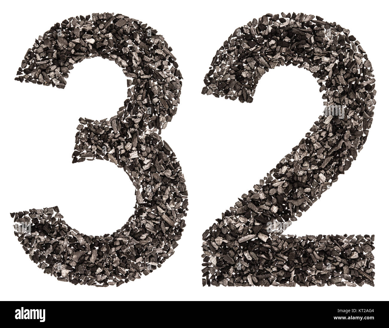 Arabic numeral 32, thirty two, from black a natural charcoal, isolated ...
