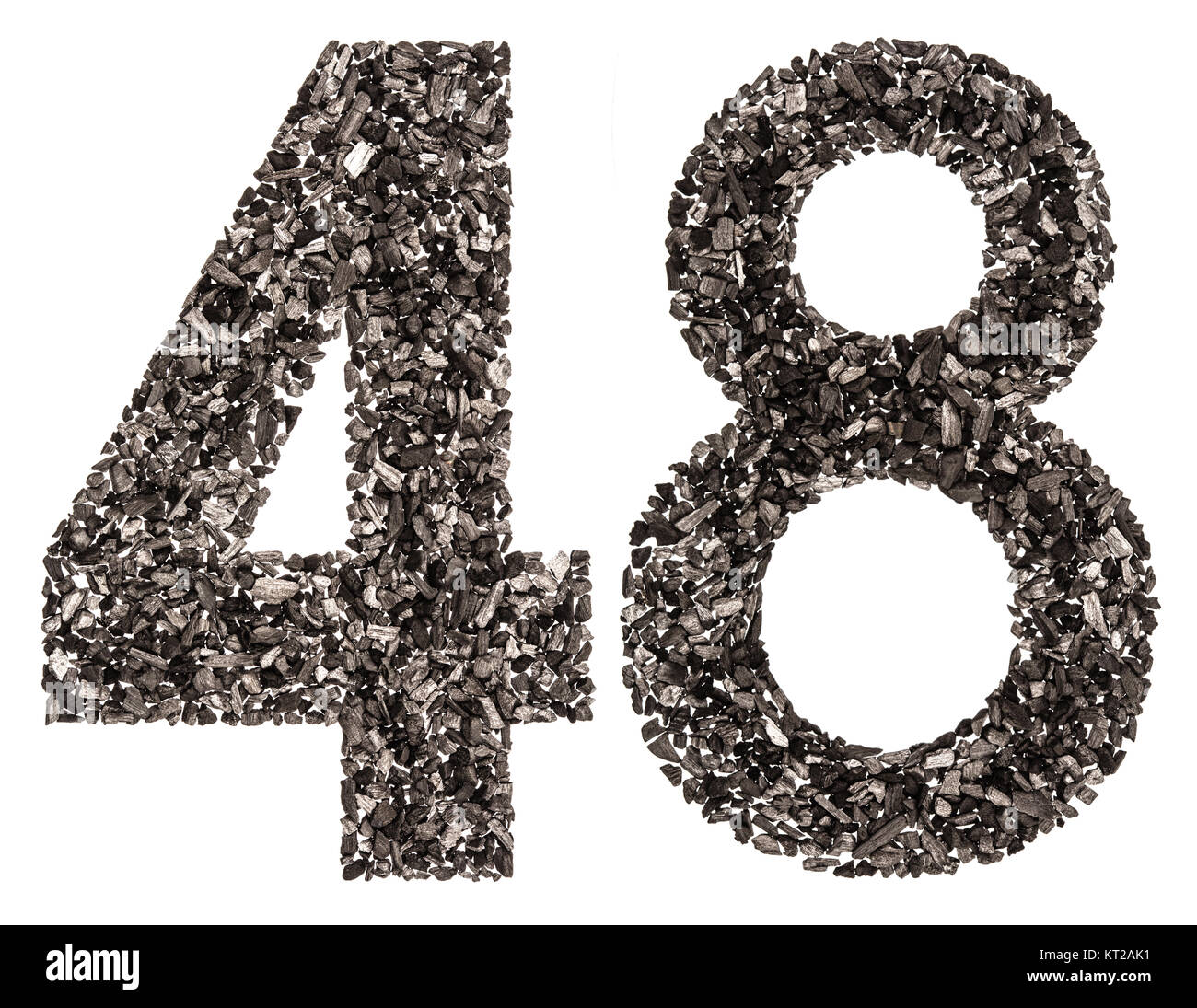 Arabic numeral 48, forty eight, from black a natural charcoal, isolated ...