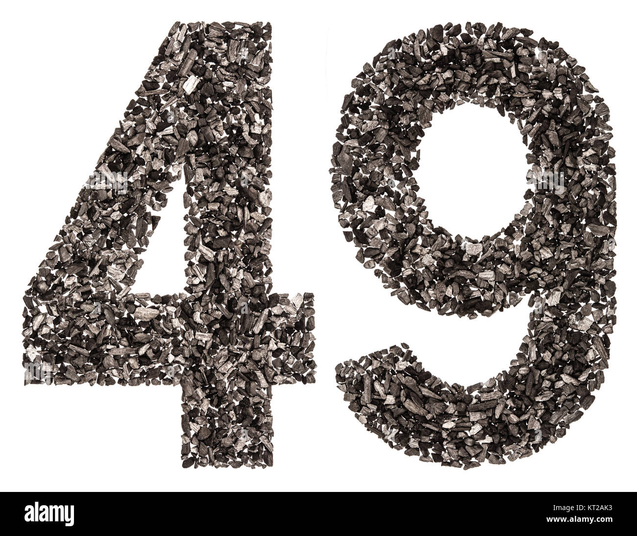 Arabic numeral 49, forty nine, from black a natural charcoal, isolated ...
