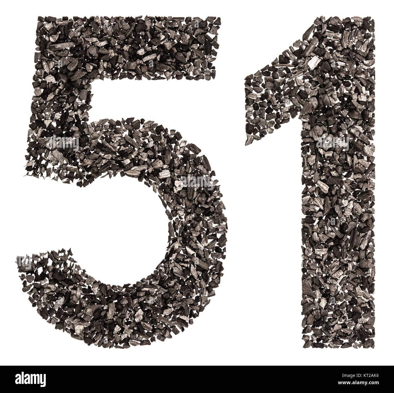 Arabic numeral 51, fifty one, from black a natural charcoal, isolated ...
